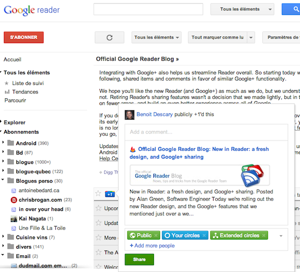 Google Reader : nouveau look et des fonctionnalités Google+